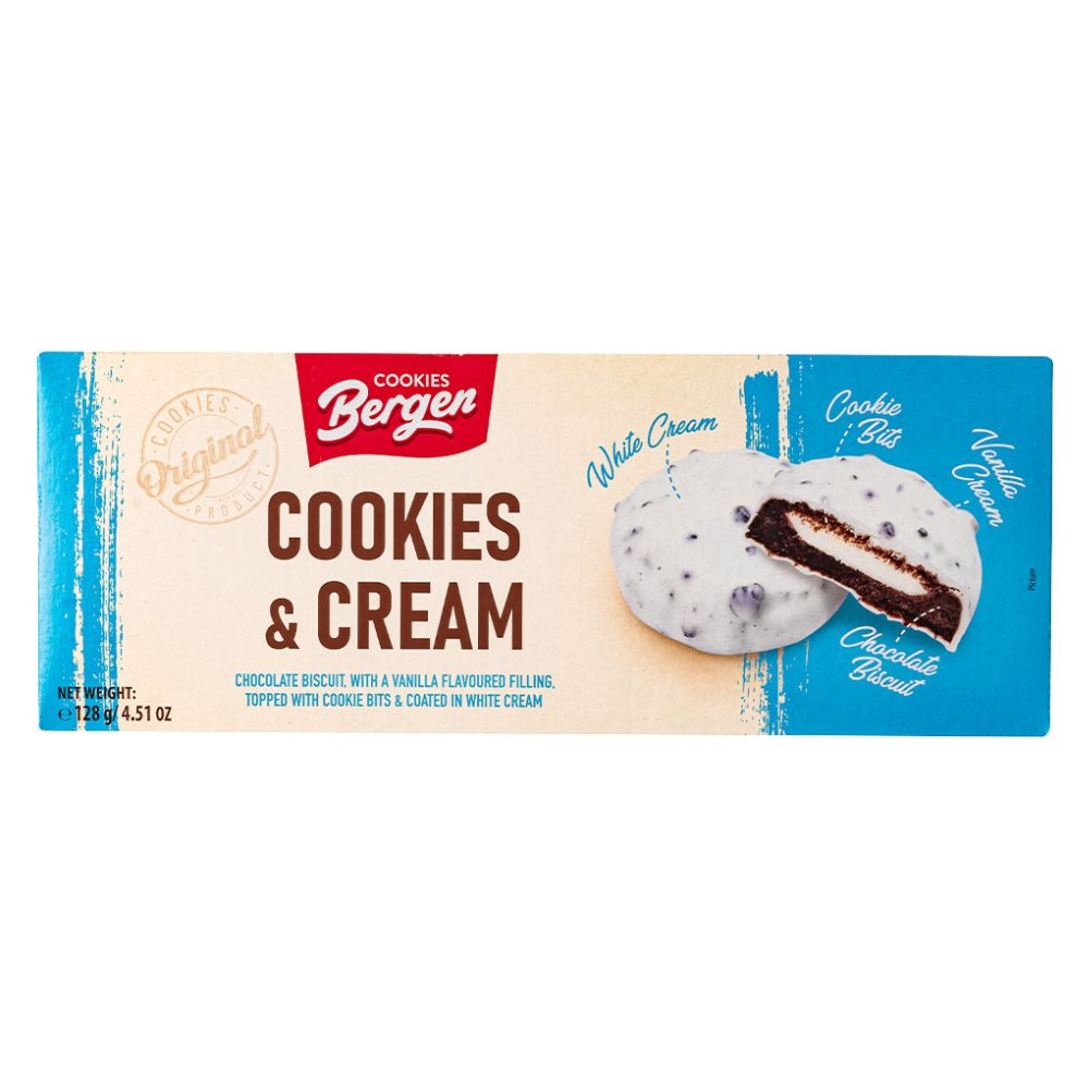 Bergen Cookies & Cream - biscuits au chocolat blanc et éclats de 128g ...